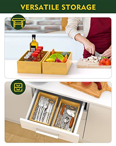 VenDotbi Bamboo Drawer Organizer Storage Box, Multi-Use Stackable Tray Drawer Organizer for Kitchen, Bathroom, Office Desk, Makeup, Jewelry-2Pack