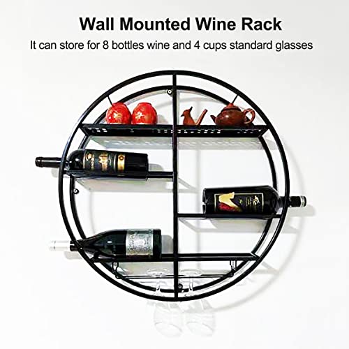 Wall Mounted Wine Rack, Elegant Black Metal Round Wine Glass Holder for Home Bar and Kitchen Décor - Space-Saving Wine Bottle Organizer and Glass Shelf for Parties and Entertaining - 23.6 Inches