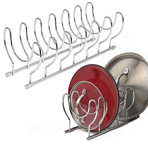 LeleCAT Kitchen Lid Organizer, Pots & Pans Lid Rack Holder Organizer, cast iron pans, Plates, Cutting Boards Bakeware, Cooling Racks, Serving Trays, Chrome,2 Pack