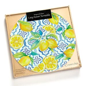 CounterArt Lovely Lemons 4mm Heat Tolerant Tempered Glass Lazy Susan Turntable 13" Diameter Cake Plate Condiment Caddy Pizza Server