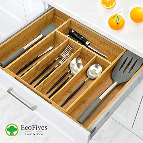 EcoFives Bamboo Silverware Organizer, Expandable Kitchen Drawer Organizer for Cutlery, Wooden Utensil Holder, Multi-Function Drawer Storage, 5-7 Compartments