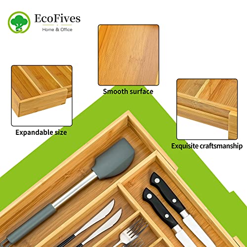 EcoFives Bamboo Silverware Organizer, Expandable Kitchen Drawer Organizer for Cutlery, Wooden Utensil Holder, Multi-Function Drawer Storage, 5-7 Compartments