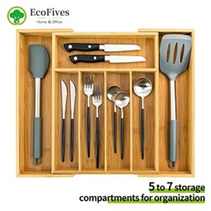 EcoFives Bamboo Silverware Organizer, Expandable Kitchen Drawer Organizer for Cutlery, Wooden Utensil Holder, Multi-Function Drawer Storage, 5-7 Compartments