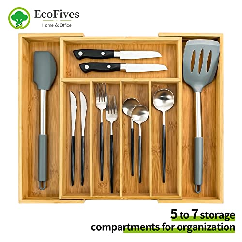 EcoFives Bamboo Silverware Organizer, Expandable Kitchen Drawer Organizer for Cutlery, Wooden Utensil Holder, Multi-Function Drawer Storage, 5-7 Compartments