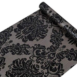 self adhesive vinyl decorative black damask contact paper for cabinets door sheves drawer dresser wall sticker decal (17.7×197 inches)