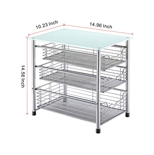 Flagship 3 Tier Sliding Backet Organizer Drawer with Crystal Tempered Glass Mesh Shelves for Spice Rack Countertop Kitchen Under Sink Drawer Bathroom Office (Silver)