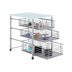 Flagship 3 Tier Sliding Backet Organizer Drawer with Crystal Tempered Glass Mesh Shelves for Spice Rack Countertop Kitchen Under Sink Drawer Bathroom Office (Silver)