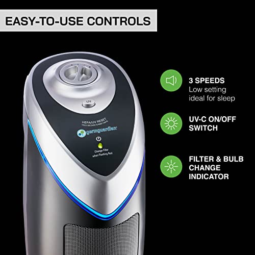 Germ Guardian Air Purifier with HEPA 13 Filter, Removes 99.97% of Pollutants, Covers Large Room up to 743 Sq. Foot Room in 1 Hr, UV-C Light Helps Reduce Germs, Zero Ozone Verified, 22", Black, AC4825E