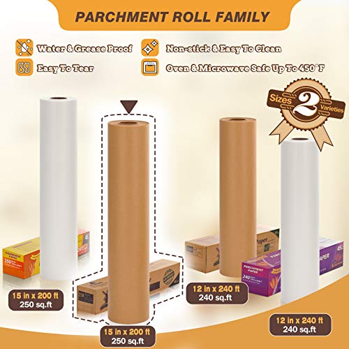 Unbleached Parchment Paper for Baking, 15 in x 200 ft, 250 Sq.Ft, Baking Paper, Non-Stick Parchment Paper Roll for Baking, Cooking, Grilling, Air Fryer and Steaming