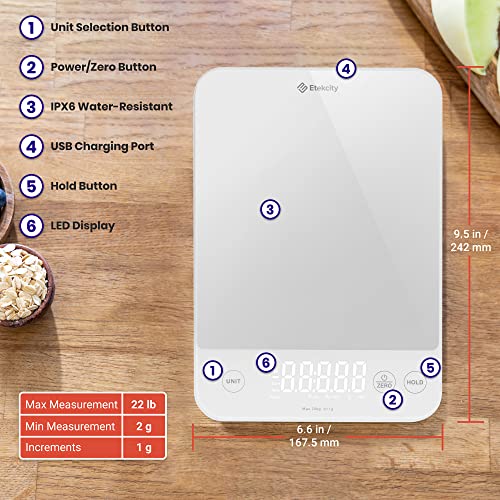 Etekcity Luminary Lite 22lb Food Kitchen Digital Scale, IPX6 Waterproof, Rechargeable, Ounces and Grams for Weight Loss, Cooking, Baking, 0.05oz/1g Precise Graduation, Silver White