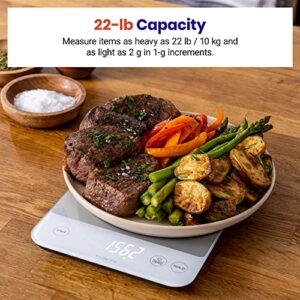 Etekcity Luminary Lite 22lb Food Kitchen Digital Scale, IPX6 Waterproof, Rechargeable, Ounces and Grams for Weight Loss, Cooking, Baking, 0.05oz/1g Precise Graduation, Silver White