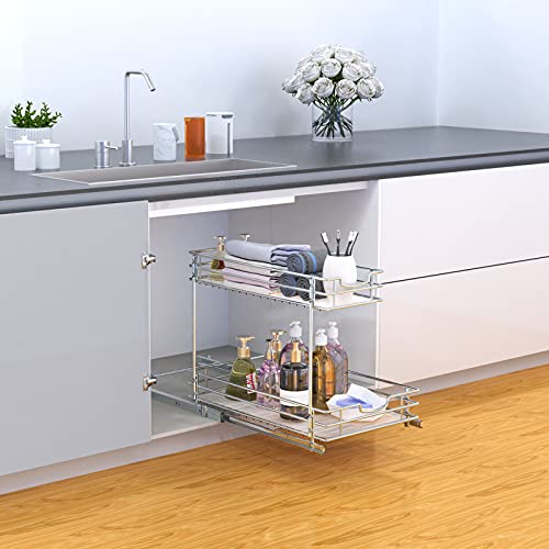 Under Sink Organizer and Storage, Auledio Under the Sink Organizer Pull Out Cabinet Organizer, 2 Tier Under Cabinet Storage Chrome Cabinet Pull Out Shelves for Kitchen, Bathroom