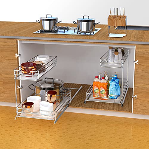 Under Sink Organizer and Storage, Auledio Under the Sink Organizer Pull Out Cabinet Organizer, 2 Tier Under Cabinet Storage Chrome Cabinet Pull Out Shelves for Kitchen, Bathroom