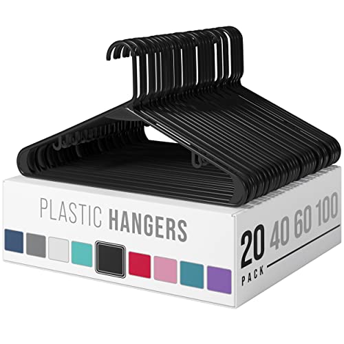 Plastic Clothes Hangers (20, 40, 60, 100 Packs) Heavy Duty Durable Coat and Clothes Hangers | Vibrant Color Hangers | Lightweight Space Saving Laundry Hangers (20 Pack - Black)