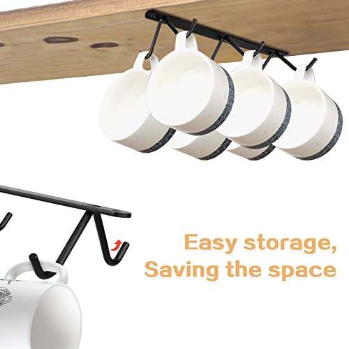 Emhumn 2PCS Mug Racks Under Cabinet, 12 Cups Hooks Mug Holder Coffee Cup Hanger Under Coffee Bar, Black Mug Cups Organizer in Kitchen, Mugs Hanging Racks Under Shelf Counter Drying for Display