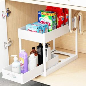 bengenta under sink organizers and storage,2-tier sliding cabinet basket organizer drawer with hooks,pull out under cabinet storage for bathroom kitchen(white)