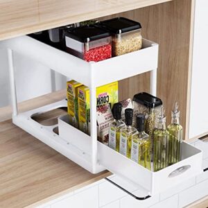 Bengenta Under Sink Organizers and Storage,2-Tier Sliding Cabinet Basket Organizer Drawer with Hooks,Pull Out Under Cabinet Storage for Bathroom Kitchen(white)