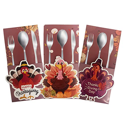 Shenbiadolr 24PCS Turkey Cutlery Utensil Holders – Thanksgiving Day Fall Give Thanks Dinner Party Supplies Decorations