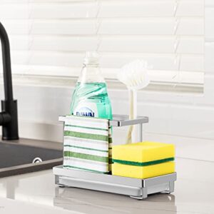 Oyydecor Kitchen Sink Caddy, 304 Stainless Steel Sponge Holder Organizer Countertop Soap Dish Rack Drainer with Drain Pan for Dish Rag Scrub Brush and Hand Sanitizer (Silver)