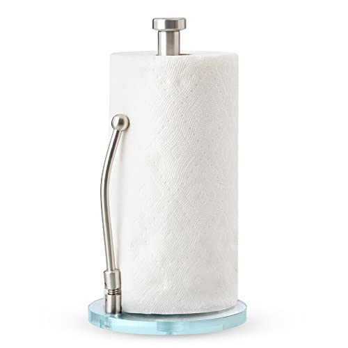 Kitchen Paper Towel Holder - LUKA Glass Weighted Base Modern Paper Towel Standing Fits Standard & Jumbo Rolls; Adjustable Spring Arm Upright Easy Tear Paper Towel Dispenser for Countertop Tables