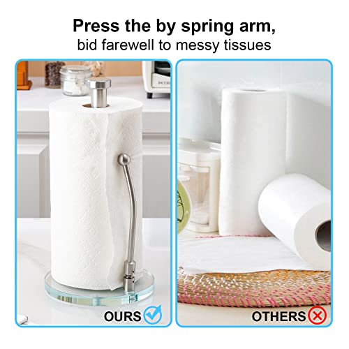 Kitchen Paper Towel Holder - LUKA Glass Weighted Base Modern Paper Towel Standing Fits Standard & Jumbo Rolls; Adjustable Spring Arm Upright Easy Tear Paper Towel Dispenser for Countertop Tables