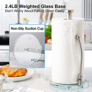 Kitchen Paper Towel Holder - LUKA Glass Weighted Base Modern Paper Towel Standing Fits Standard & Jumbo Rolls; Adjustable Spring Arm Upright Easy Tear Paper Towel Dispenser for Countertop Tables