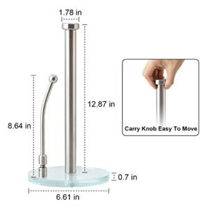 Kitchen Paper Towel Holder - LUKA Glass Weighted Base Modern Paper Towel Standing Fits Standard & Jumbo Rolls; Adjustable Spring Arm Upright Easy Tear Paper Towel Dispenser for Countertop Tables