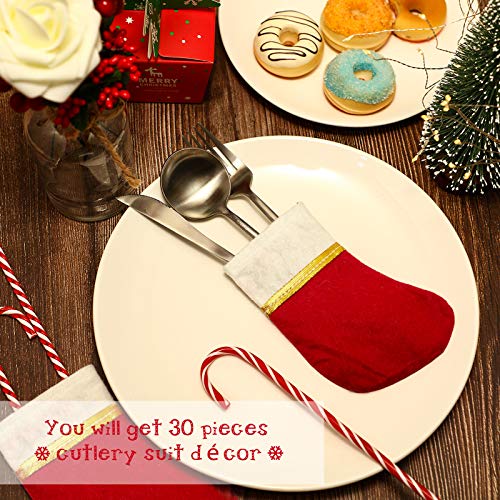 30 Pieces Christmas Dinner Table Decorations Christmas Socks Silverware Holders Tableware Bags Mini Christmas Stockings Knife Spoon Fork Storage Bag for Christmas Party Dinner Table