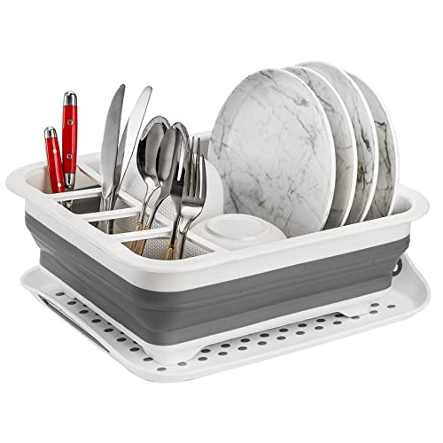 Nicunom Collapsible Dish Drying Rack and Drainboard Set , Portable Dish Drainer, Foldable Dinnerware Organizer for Kitchen Countertop RV Camper