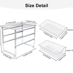 TQVAI 3 Tier Under Sink Organizer Sliding Pull Out Shelves, Stackable Kitchen Cabinet Organizer with Drawer,