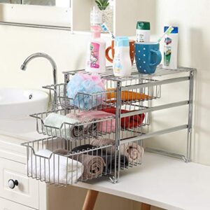 TQVAI 3 Tier Under Sink Organizer Sliding Pull Out Shelves, Stackable Kitchen Cabinet Organizer with Drawer,