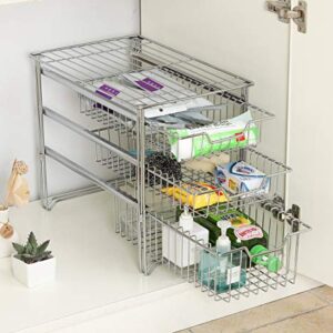 TQVAI 3 Tier Under Sink Organizer Sliding Pull Out Shelves, Stackable Kitchen Cabinet Organizer with Drawer,