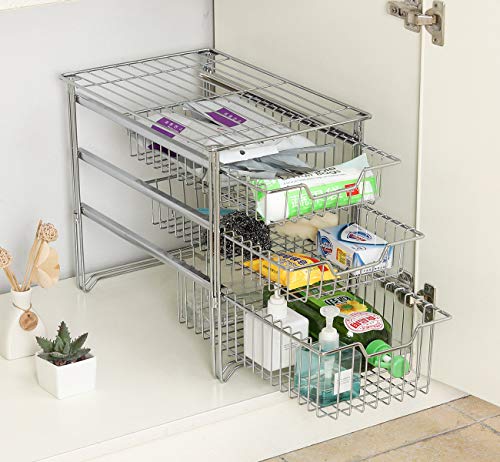 TQVAI 3 Tier Under Sink Organizer Sliding Pull Out Shelves, Stackable Kitchen Cabinet Organizer with Drawer,