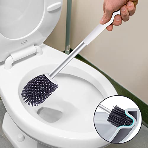 BOOMJOY Toilet Brush and Holder Set, Silicone Bristles Bathroom Cleaning Bowl Brush Kit with Tweezers, Bathroom Accessories with Aluminum Handle - White