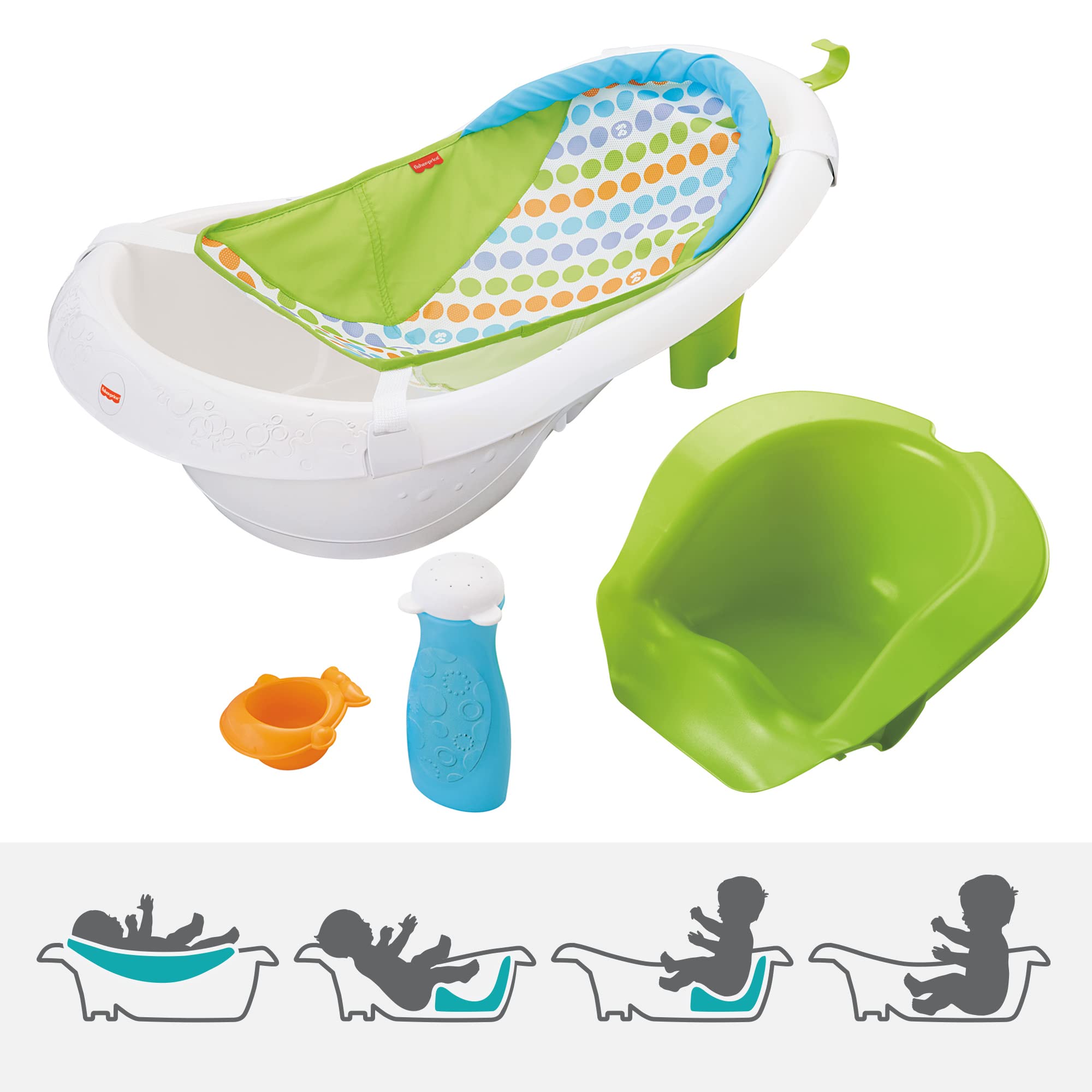 Fisher-Price Baby Bath Tub, 4-in-1 Newborn to Toddler Tub with Infant Seat Bath Toys and Sling ‘n Seat Tub, Green