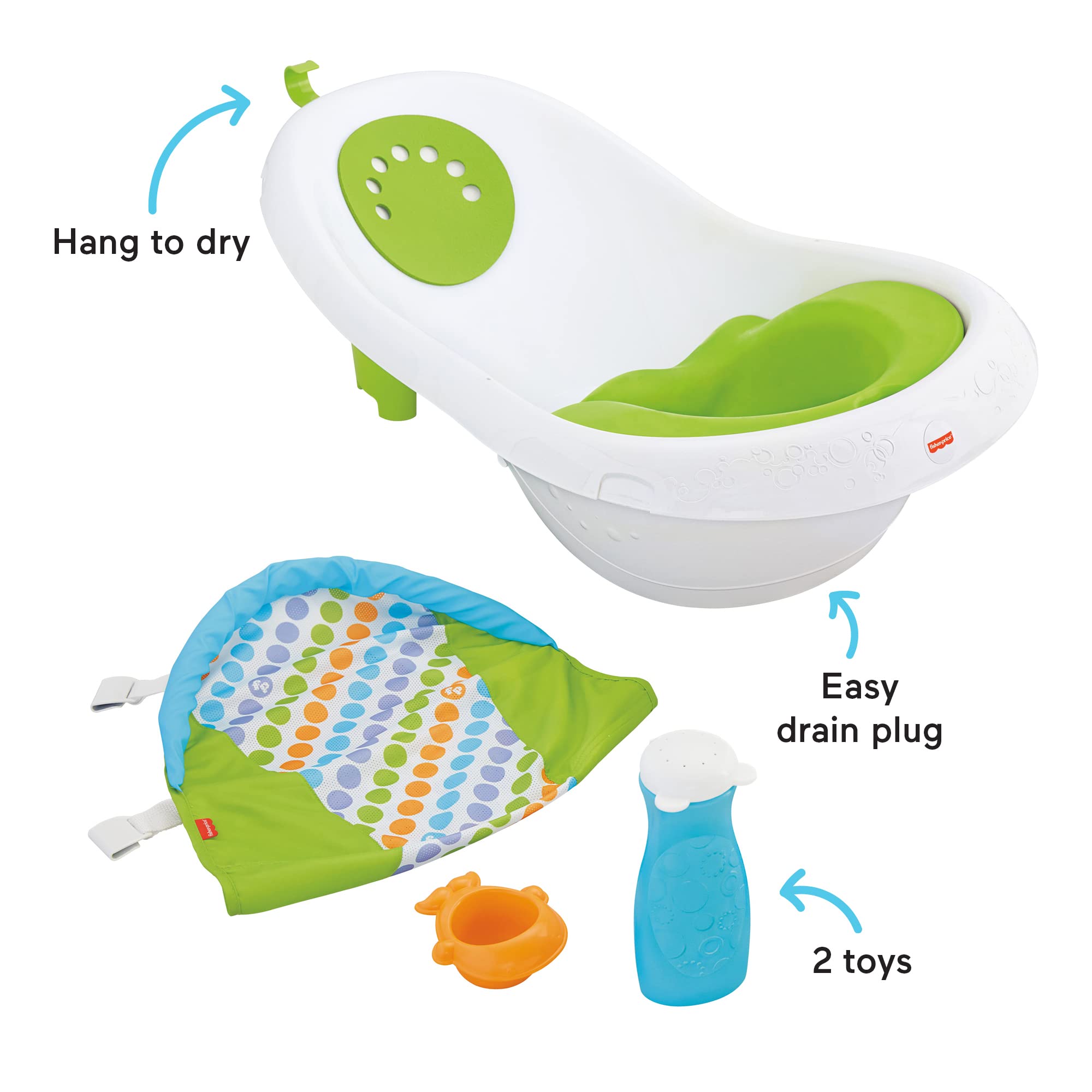 Fisher-Price Baby Bath Tub, 4-in-1 Newborn to Toddler Tub with Infant Seat Bath Toys and Sling ‘n Seat Tub, Green