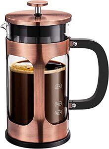 bayka french press coffee maker, glass classic copper 304 stainless steel coffee press, cold brew heat resistant thickened borosilicate coffee pot for camping travel gifts, 34 ounce