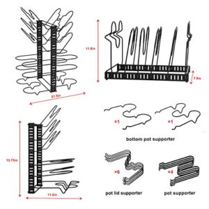 X-cosrack Pot Pan Lid Rack 12 Tier Two-in-One Adjustable Pan Organizer Holder with Non-Slip Rubber for Kitchen Cabinet Counter, 6 DIY Methods, Black