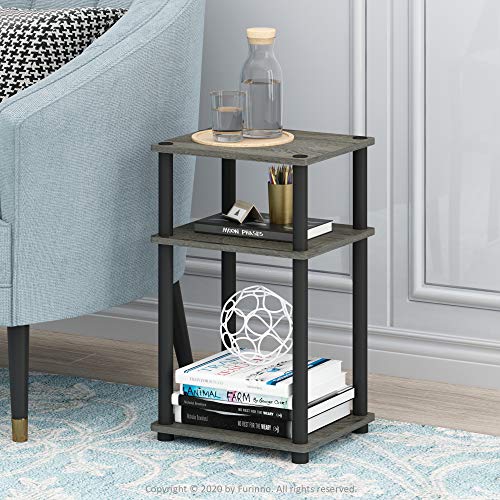 Furinno Just 3-Tier Turn-N-Tube End Table / Side Table / Night Stand / Bedside Table with Plastic Poles, 1-Pack, French Oak Grey/Black