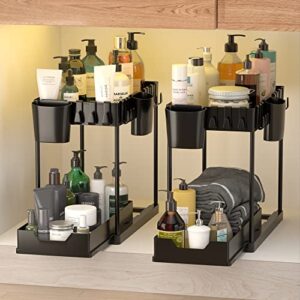 slah pack of 2 under sink organizers and storage for bathroom – 2 tier undersink storage with sliding drawer and hanging hooks – multi-purpose organization for kitchen sink organizer under cabinet