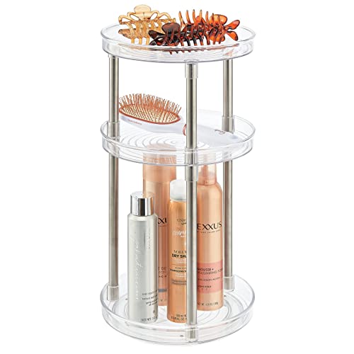 mDesign Spinning 3-Tier Lazy Susan 360 Rotating Makeup Organizer Storage Tower - Beauty Cosmetic Organization Caddy for Bathroom Vanity, Countertop, Makeup Table - Ligne Collection - Clear