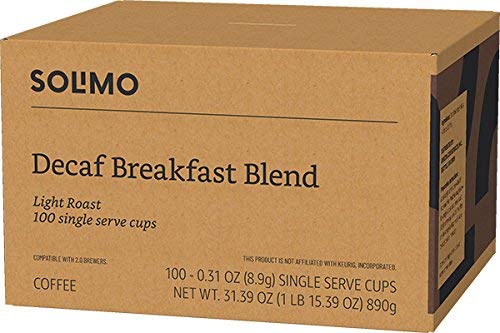 Amazon Brand Solimo Decaf Light Roast Coffee Pods, Breakfast Blend, Compatible with Keurig 2.0 K-Cup Brewers,100 Count (Pack of 1)