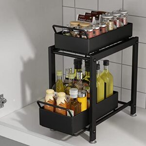 okllen 2-tier under sink cabinet organizer with sliding storage drawer baskets, steel bathroom sink organizer spice rack storage shelf, countertop organizer rack for kitchen, office, black