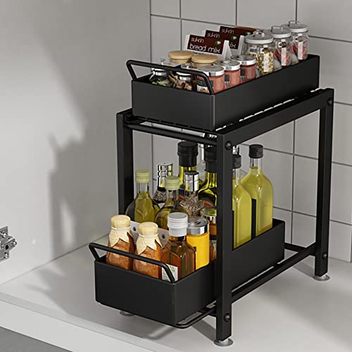 Okllen 2-Tier Under Sink Cabinet Organizer with Sliding Storage Drawer Baskets, Steel Bathroom Sink Organizer Spice Rack Storage Shelf, Countertop Organizer Rack for Kitchen, Office, Black