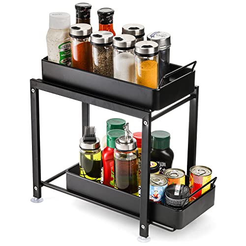 Okllen 2-Tier Under Sink Cabinet Organizer with Sliding Storage Drawer Baskets, Steel Bathroom Sink Organizer Spice Rack Storage Shelf, Countertop Organizer Rack for Kitchen, Office, Black