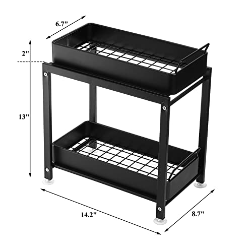 Okllen 2-Tier Under Sink Cabinet Organizer with Sliding Storage Drawer Baskets, Steel Bathroom Sink Organizer Spice Rack Storage Shelf, Countertop Organizer Rack for Kitchen, Office, Black