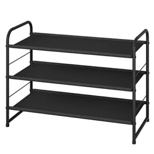 simple trending 3-tier stackable shoe rack, expandable & adjustable fabric shoe shelf storage organizer, black