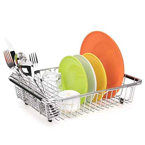 blitzlabs Expandable Dish Rack, Deep Large Dish Drying Rack with 4 Division Utensil Silverware Cutlery Holder, Dish Drainer Shelf Dish Rack in Sink On Counter, Rustproof Stainless Steel