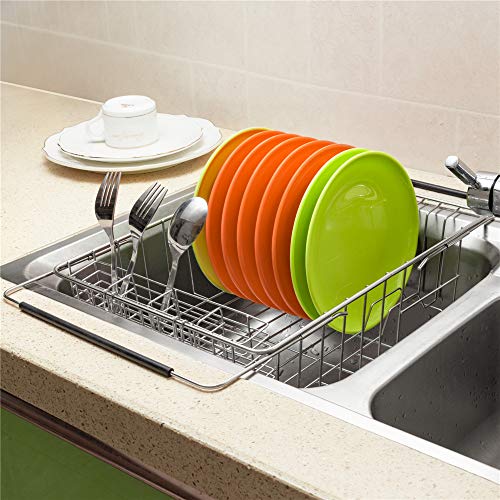 blitzlabs Expandable Dish Rack, Deep Large Dish Drying Rack with 4 Division Utensil Silverware Cutlery Holder, Dish Drainer Shelf Dish Rack in Sink On Counter, Rustproof Stainless Steel