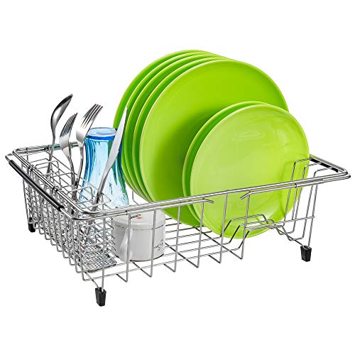 blitzlabs Expandable Dish Rack, Deep Large Dish Drying Rack with 4 Division Utensil Silverware Cutlery Holder, Dish Drainer Shelf Dish Rack in Sink On Counter, Rustproof Stainless Steel